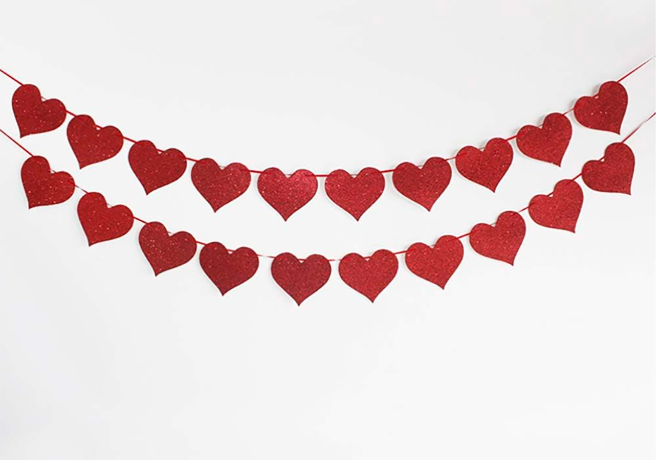 Гирлянда-баннеры Сердца красные, глиттер, 2 м. для украшения помещения