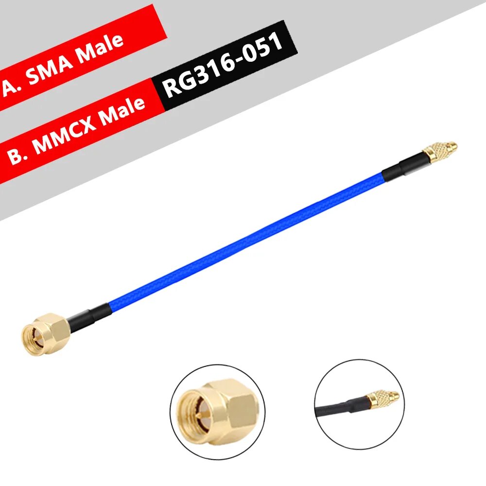 Кабель коаксиальный RG316 SMA-MMCX синего цвета 5CM, SMA M to MMCX M