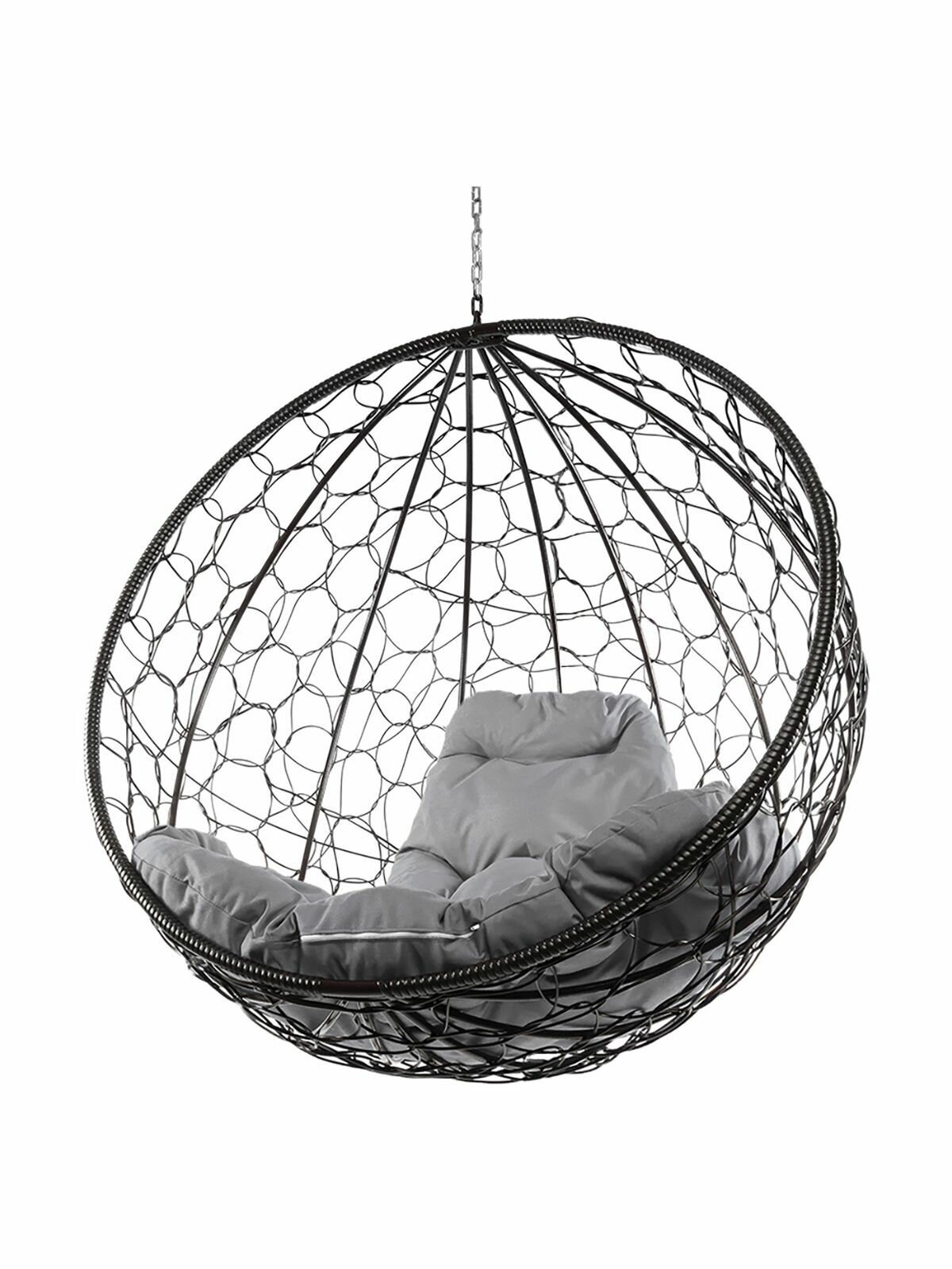 Подвесное кресло круг (без стойки), с ротангом черное, серая подушка