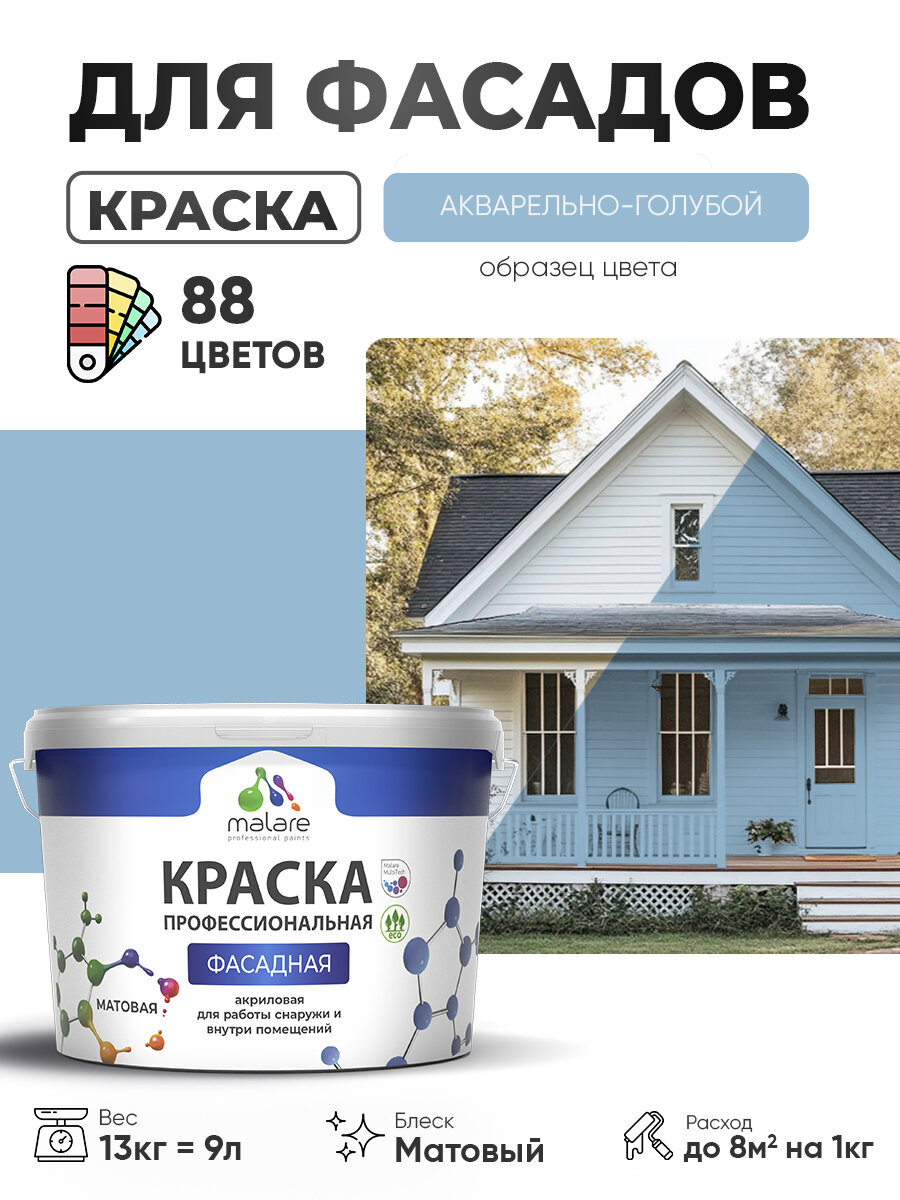 Краска Malare Professional фасадная по дереву, бетону и штукатурке, для камня и кирпича, без запаха, матовая, акварельно-голубой, (9л - 13кг)