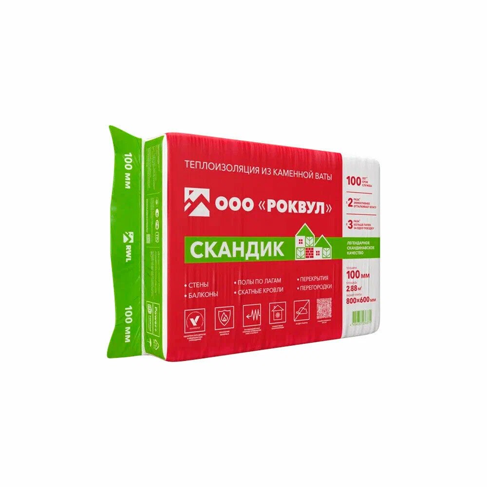 Утеплитель Роквул, Лайт Баттс, Скандик, влагостойкий, НГ, 800 x 600 x 50 мм