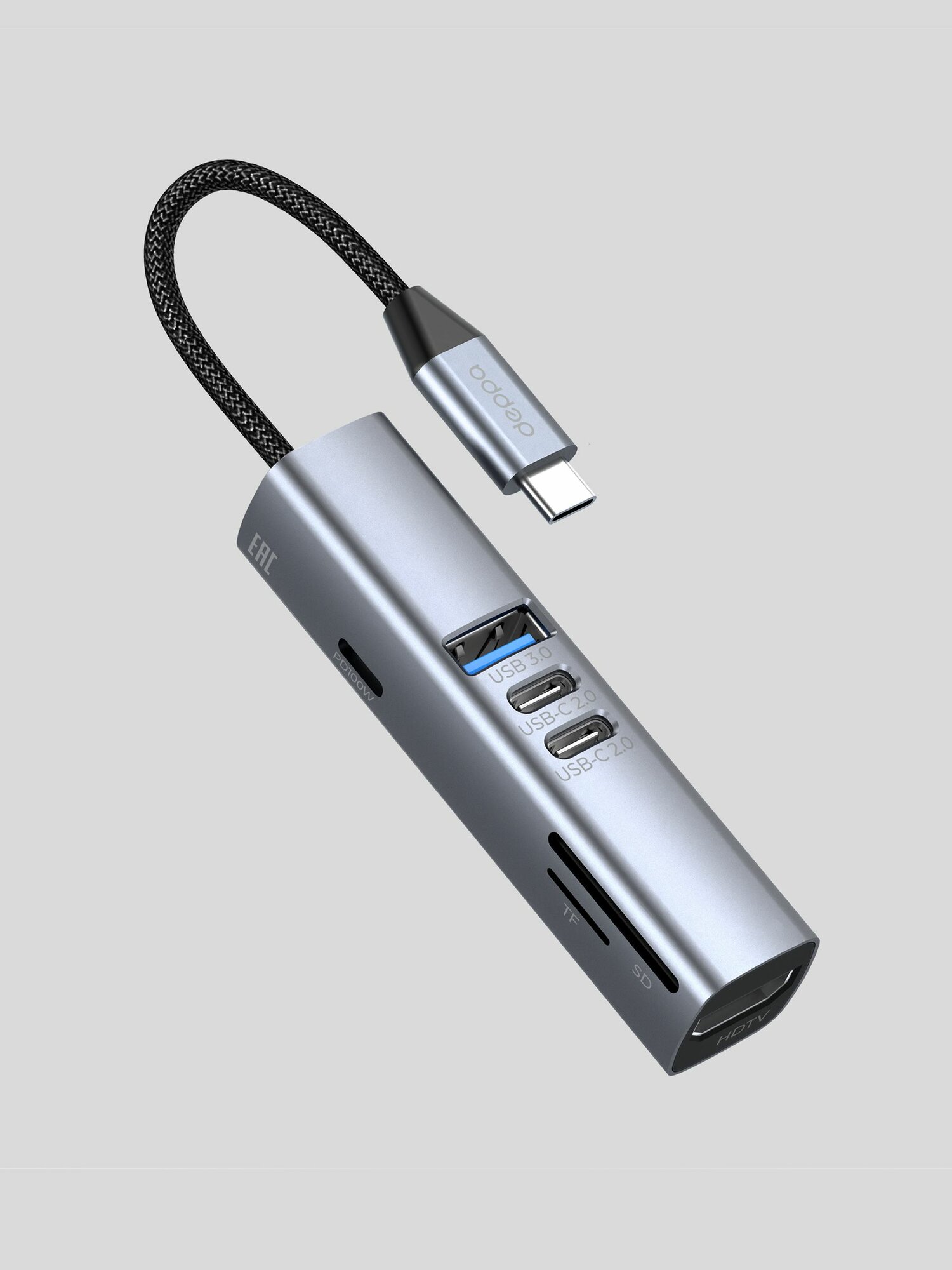 USB-хаб 7 в 1 USB-C - USB-A3.0 + 2хUSB-C + USB-C PD+ HDMI + SD/microSD, нейлон кабель 10см, серый, Deppa, 73146