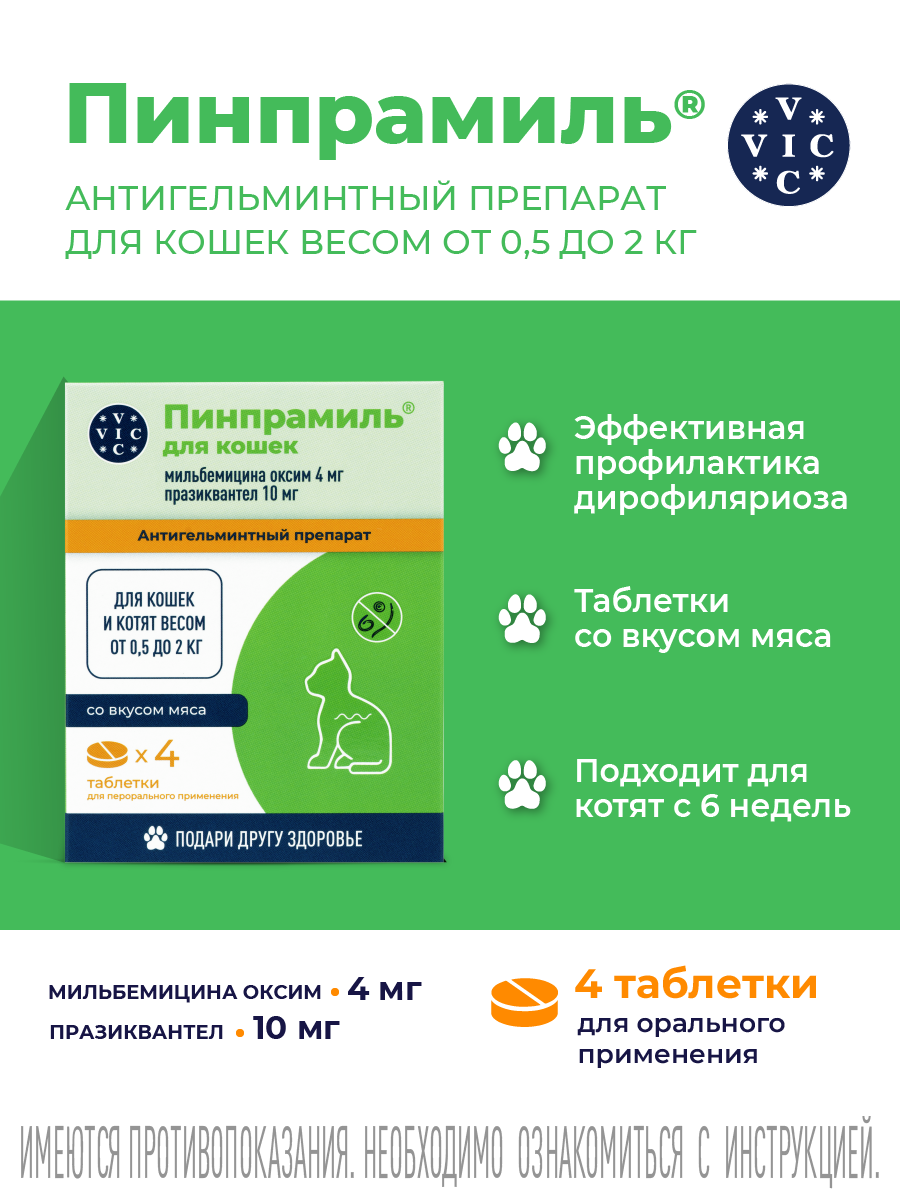 Пинпрамиль от гельминтов для котят и мелких кошек весом до 2 кг, 4 таблетки, 4мг/10мг