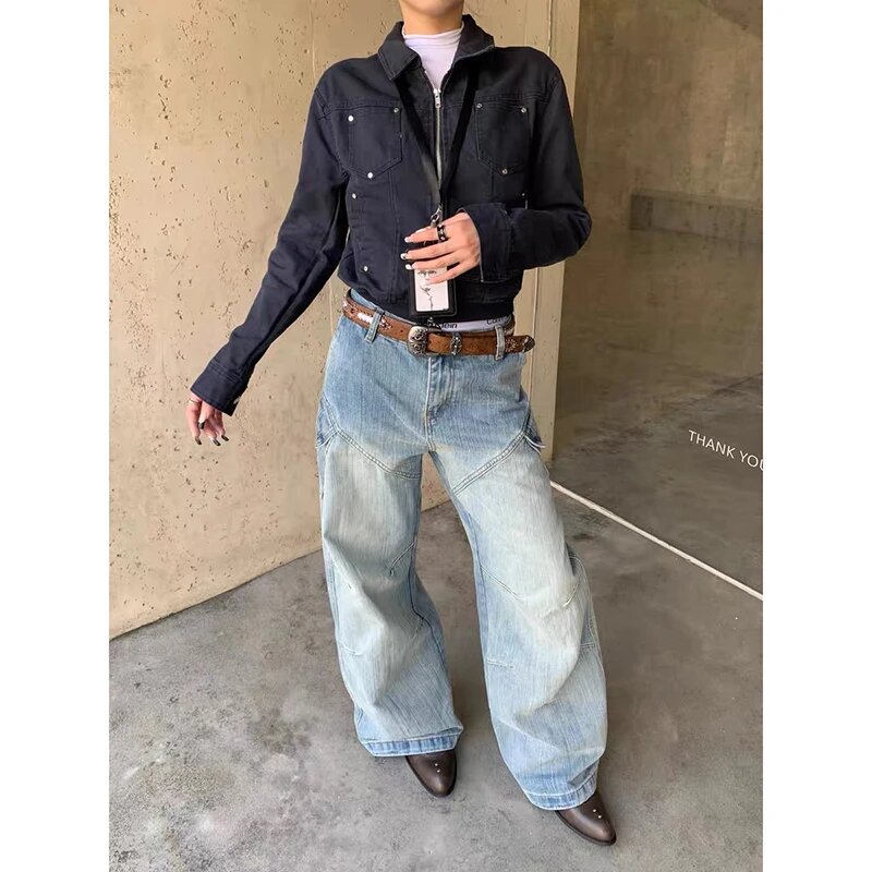 Охоты Брюки JYL Женские джинсы Чистый цвет Синее грузовое высокое пояс ковбойское 2000-х Харадзуку винтаж