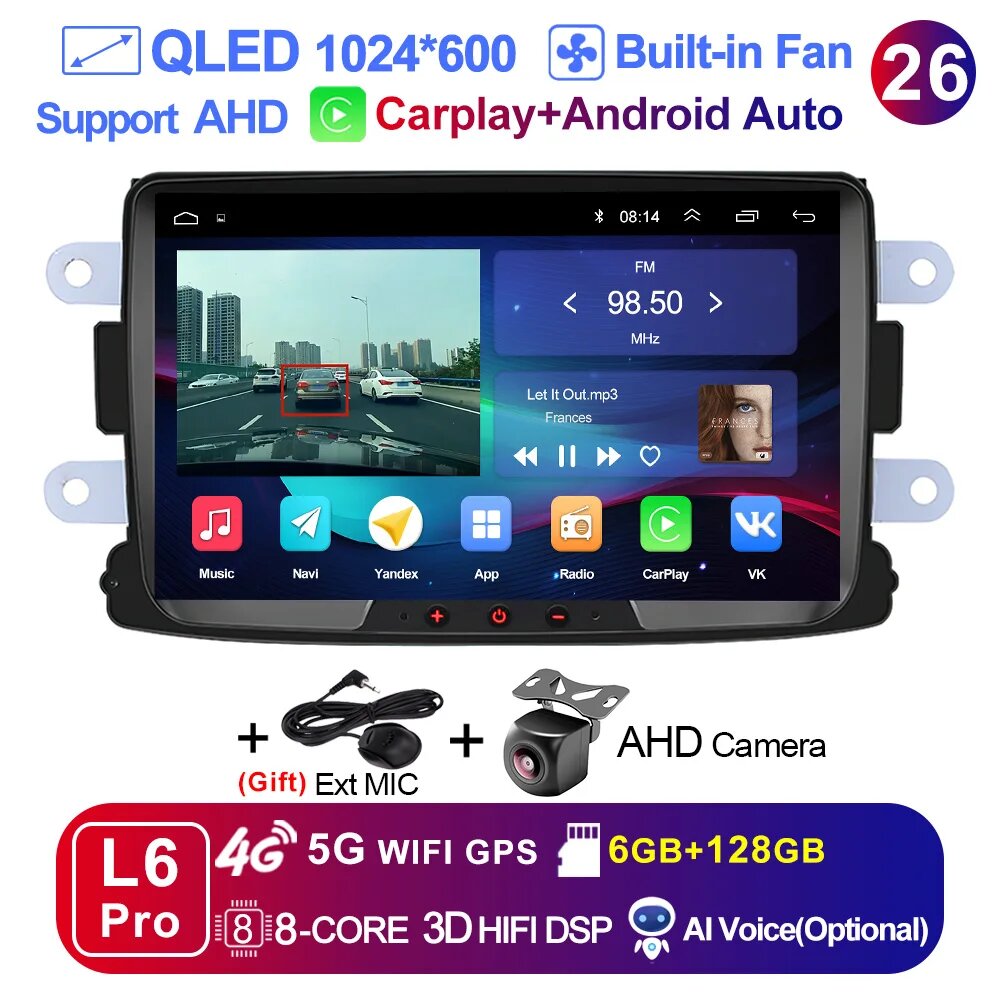 Автомагнитола LEHX 2 Din Android gps для Dacia Sandero Duster Renault Captur Lada Xray 2 Logan 2 мультимедийный плеер dvd Carplay L6 Pro(6-128GB)CAM