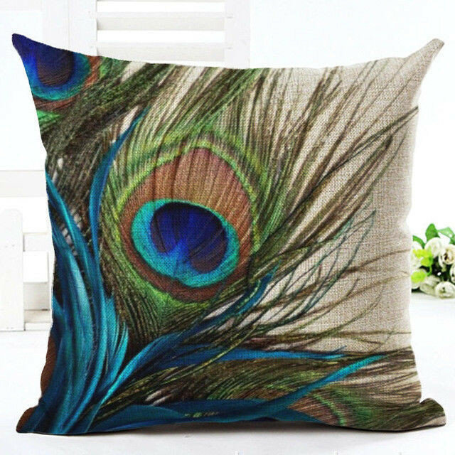 Luxurious linen cushion cover in stunning peacock design for sofa and bedroom