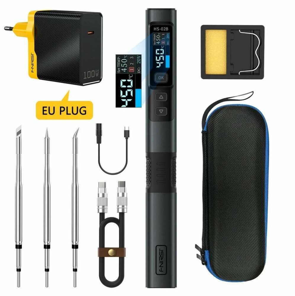 HS-02B Set4 паяльник с регулировкой, USB, блок питания, PD/QC, DC, 100Вт, 3 сменных жала, черный