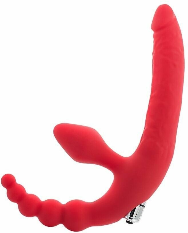 Красный безремневой страпон с вибрацией и анальным отростком