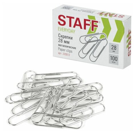 Скрепки STAFF "EVERYDAY", 28 мм, металлические, 100 шт, в картонной коробке, 220012