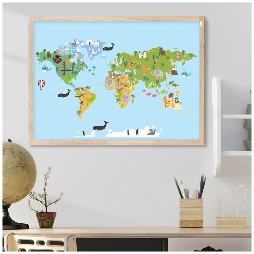 Постер "Карта мира с животными для детей" 50x70 без рамки на стену для интерьера