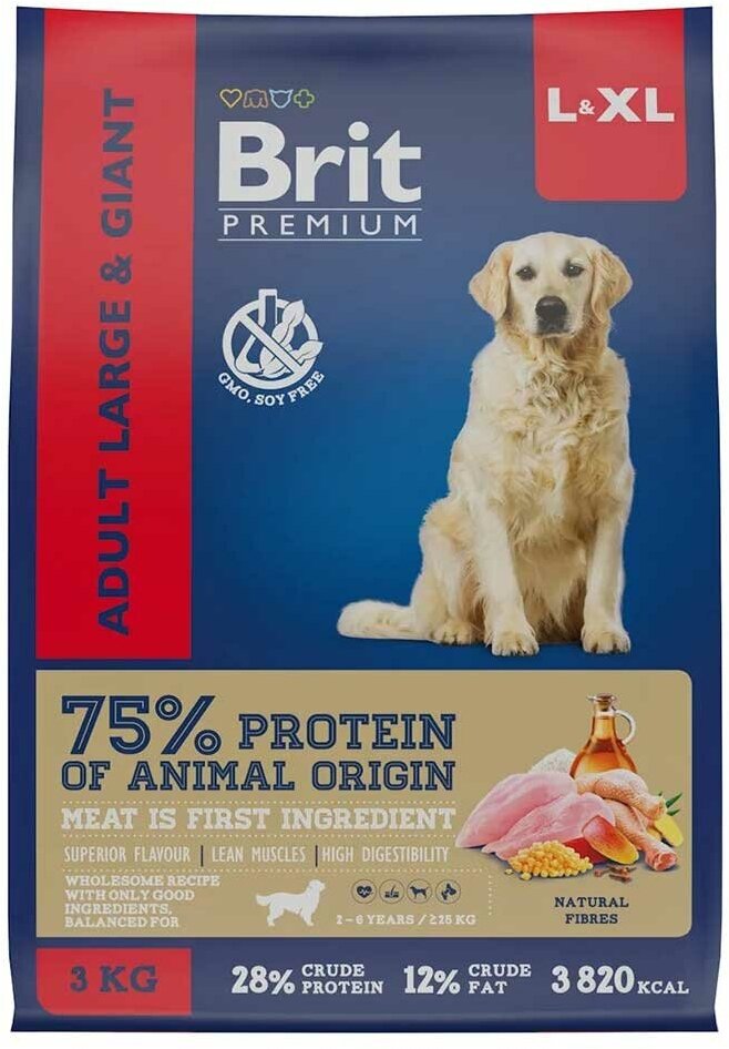 Сухой корм Brit для собак крупных и гигантских пород курица premium dog adult large & giant 3кг 5049998