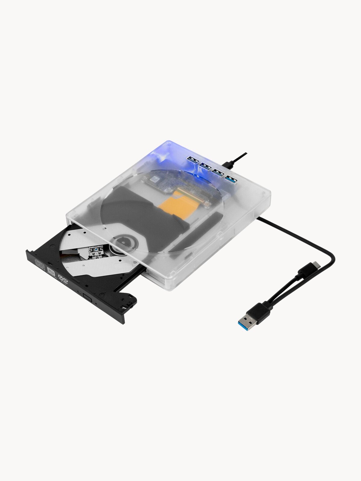 Внешний дисковод DVD/CD с USB 3.0 и Type-C, прозрачный корпус, с Hub и кардридером, для ноутбука и ПК