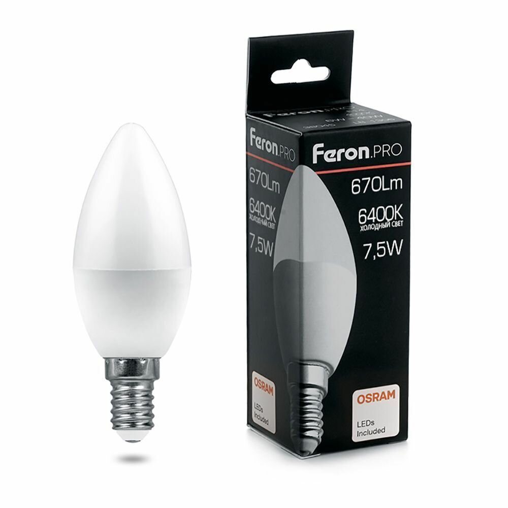 Лампа светодиодная E14 7.5W 6400K дневной свет, упак. 1 шт. Feron 38055