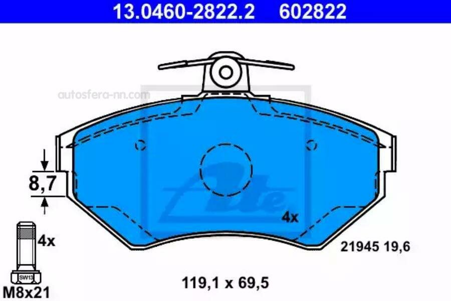 ATE 13046028222 Колодки тормозные дисковые передн, AUDI: A4 1.6/1.8/1.8 quattro/1.9 TDI 94-01, A4 Avant 1.6/1.8/1.8 quattro/1.9 DUO/1.9 TDI 94-01 \ VW: PASSAT 1.6/1.8/1.8 Syncro/4motion/1.9 T