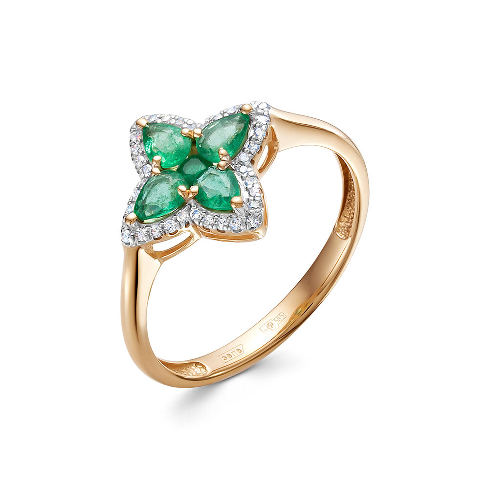 Кольцо, красное золото, 585 проба, родирование, изумруд