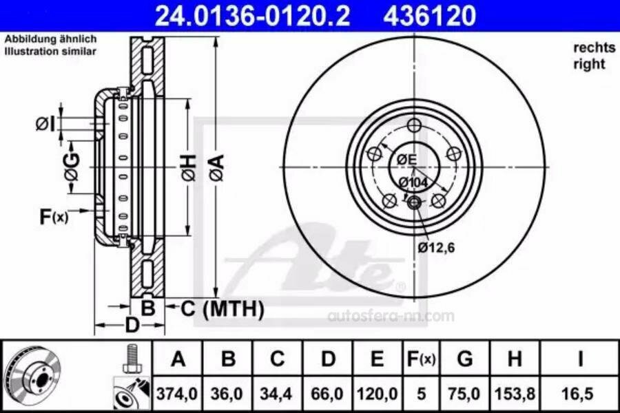 ATE 24013601202 Тормозной диск BMW 5 Gran Turismo (F07) 2009-, 7 (F01, F02, F03, F04) 2008- RH