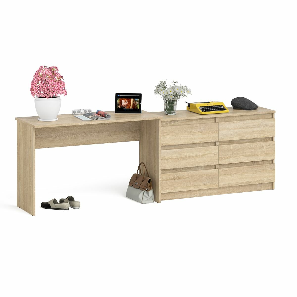 Стол письменный СВК Мори МСП-1200 с широким комодом цвет дуб сонома, 240,8х50х76,6 см.