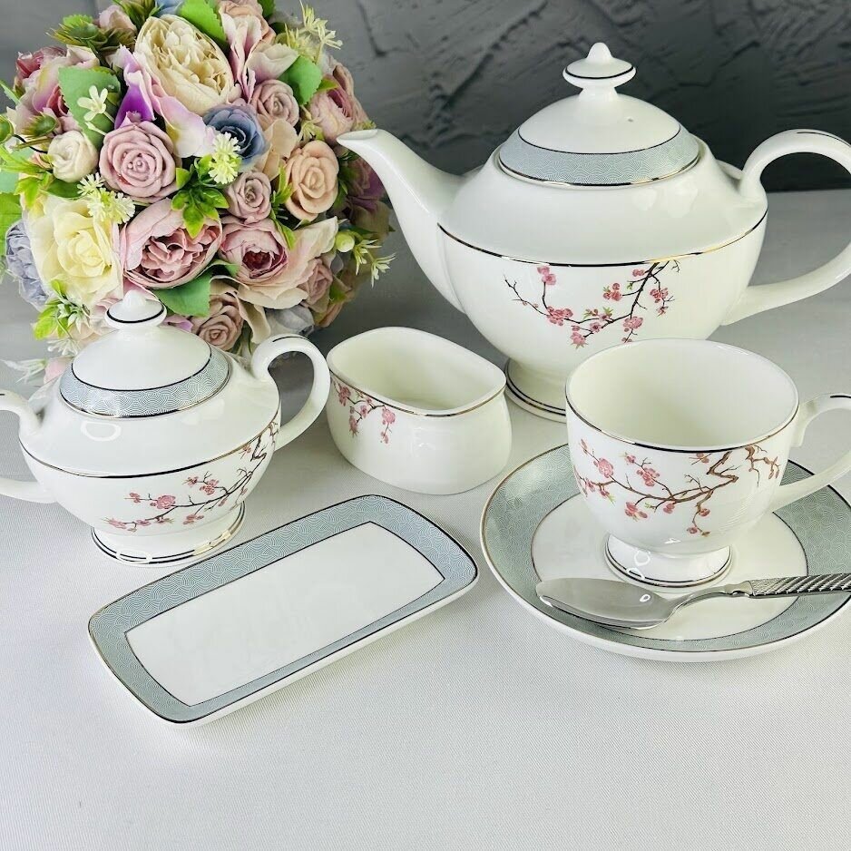 Чайный сервиз 16 предметов Lenardi Сакура чайник, сахарница, чашки 250 мл, блюдца, костяной фарфор