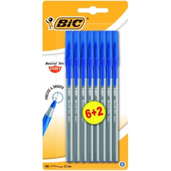 Набор шариковых ручек Bic ROUND STIC EXACT (932862) 0.28мм резин. манжета синие чернила блистер (8шт)