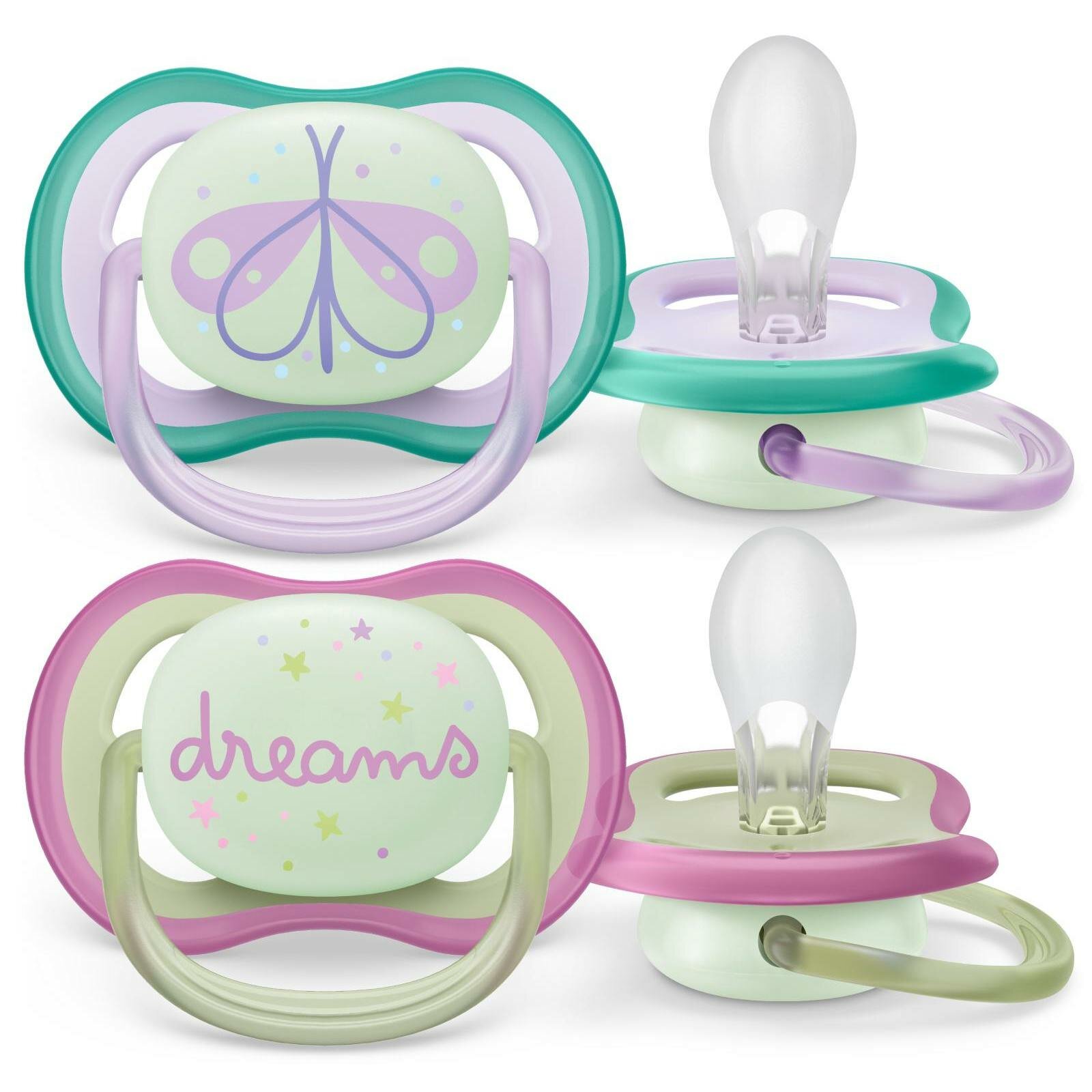 Пустышка Philips Avent ultra air night силиконовая светящаяся с футляром, 0-6 мес, 2 шт.