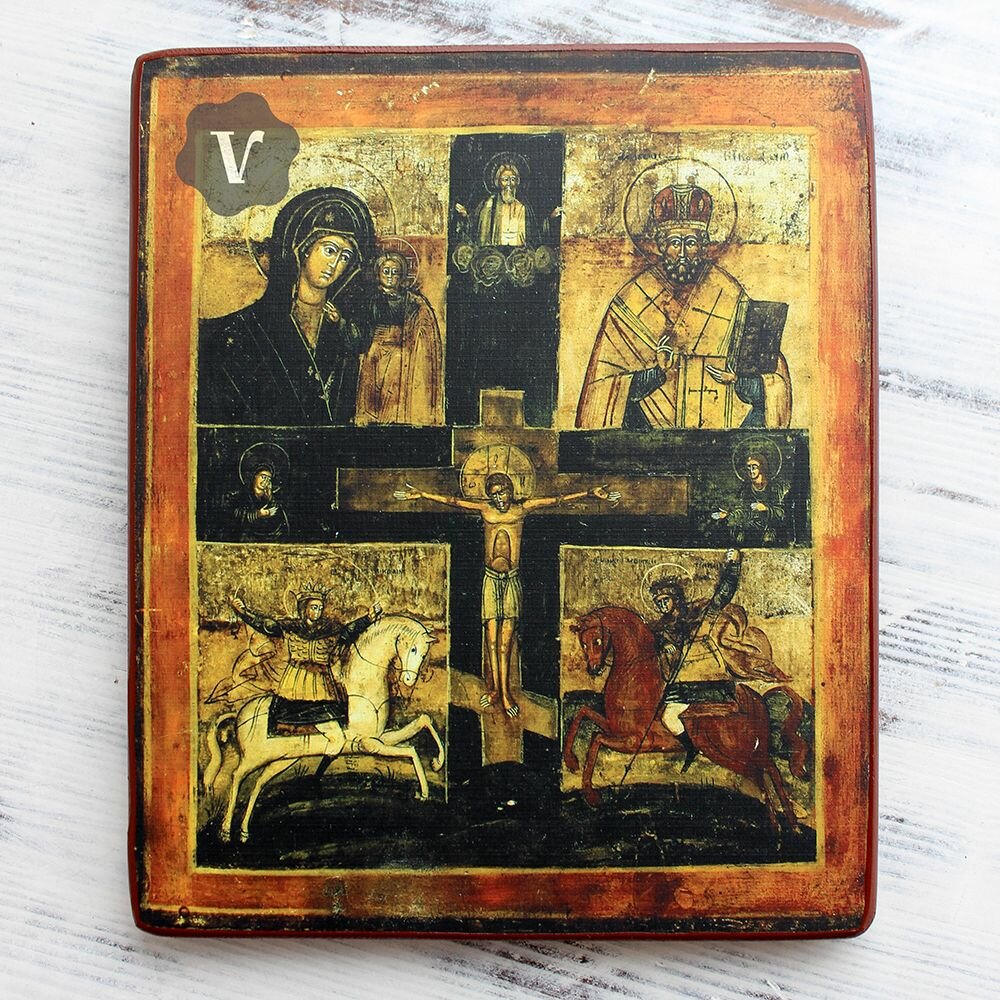 Православная икона четырёхчастная с Распятием, деревянная иконная доска, левкас, ручная работа