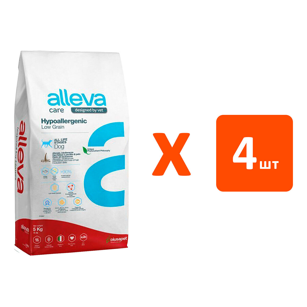 ALLEVA CARE ADULT DOG HYPOALLERGENIC LOW GRAIN низкоз для взр собак всех пород при пищевой аллергии 5 кг х 4 шт