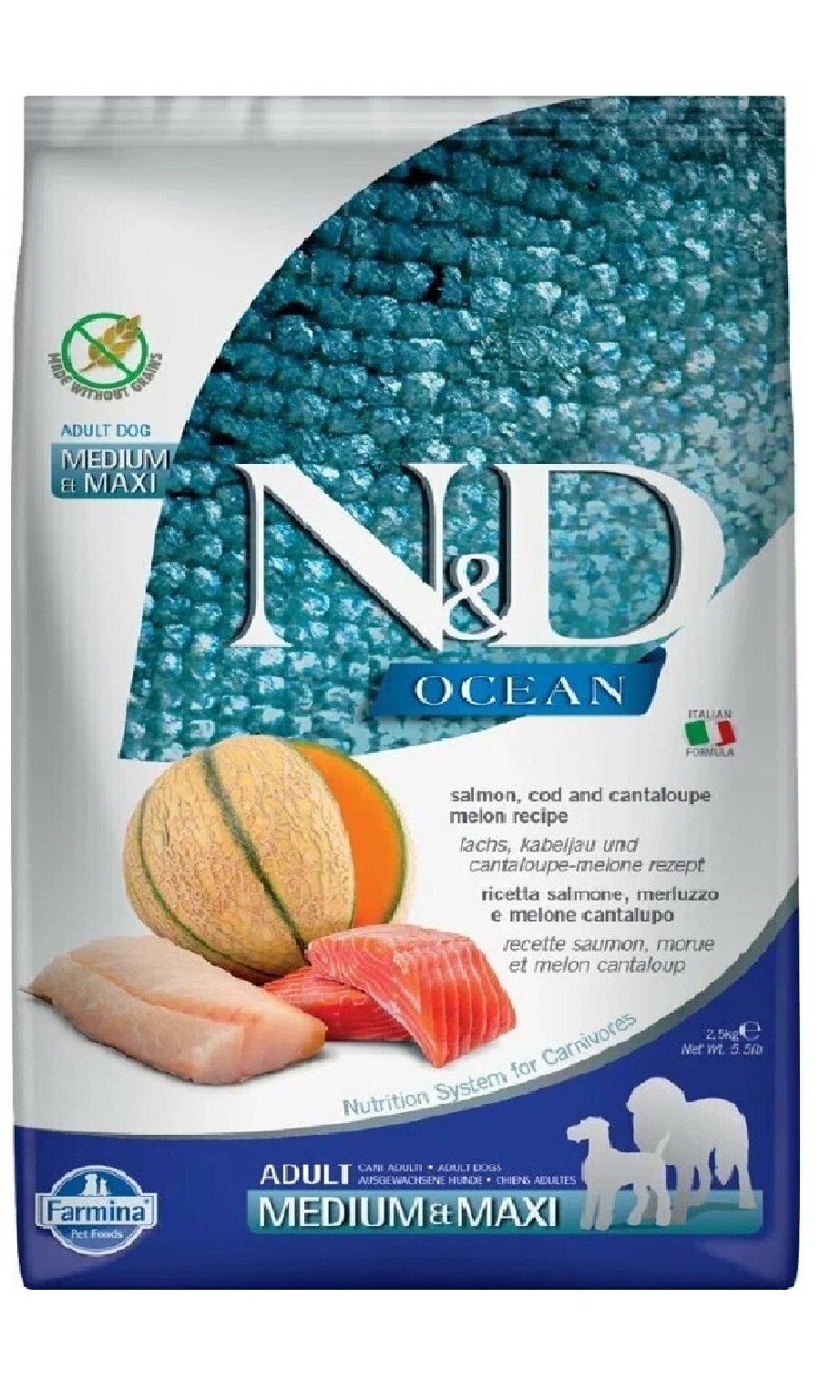 Корм сухой Farmina ND Ocean Dog Cod Cantaloupe Melon Adult Medium Maxi для взрослых собак средних и крупных пород лосось треска и дыня 2,5кг