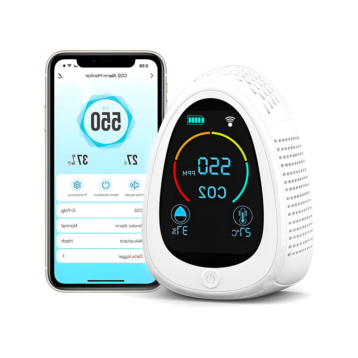 Многофункциональный датчик Туйя Wi-Fi монитор качества воздуха 3 в 1 (умный детектор) - Mod: HTI 0131(WT) (EU) на аккумуляторе