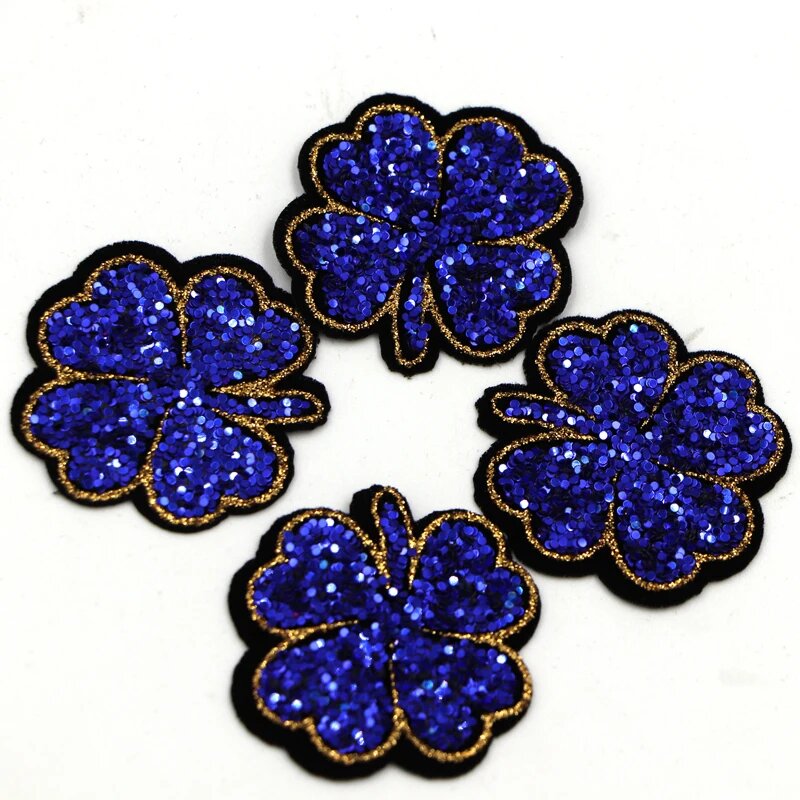 Набор из 10 блестящих нашивок с клевером 4 см Темно-синий, 10pcs