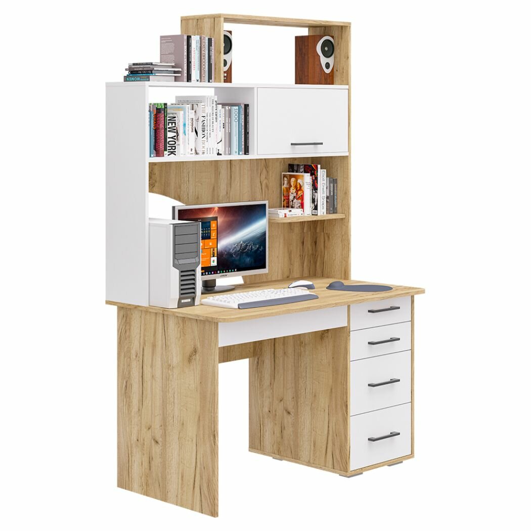 Стол компьютерный прямой с надстройкой СК-56, Дуб крафт золотой/Белый