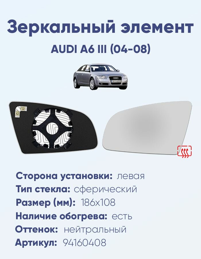 Зеркальный элемент левый AUDI A6 III (04-08) сфера нейтральный с обогревом