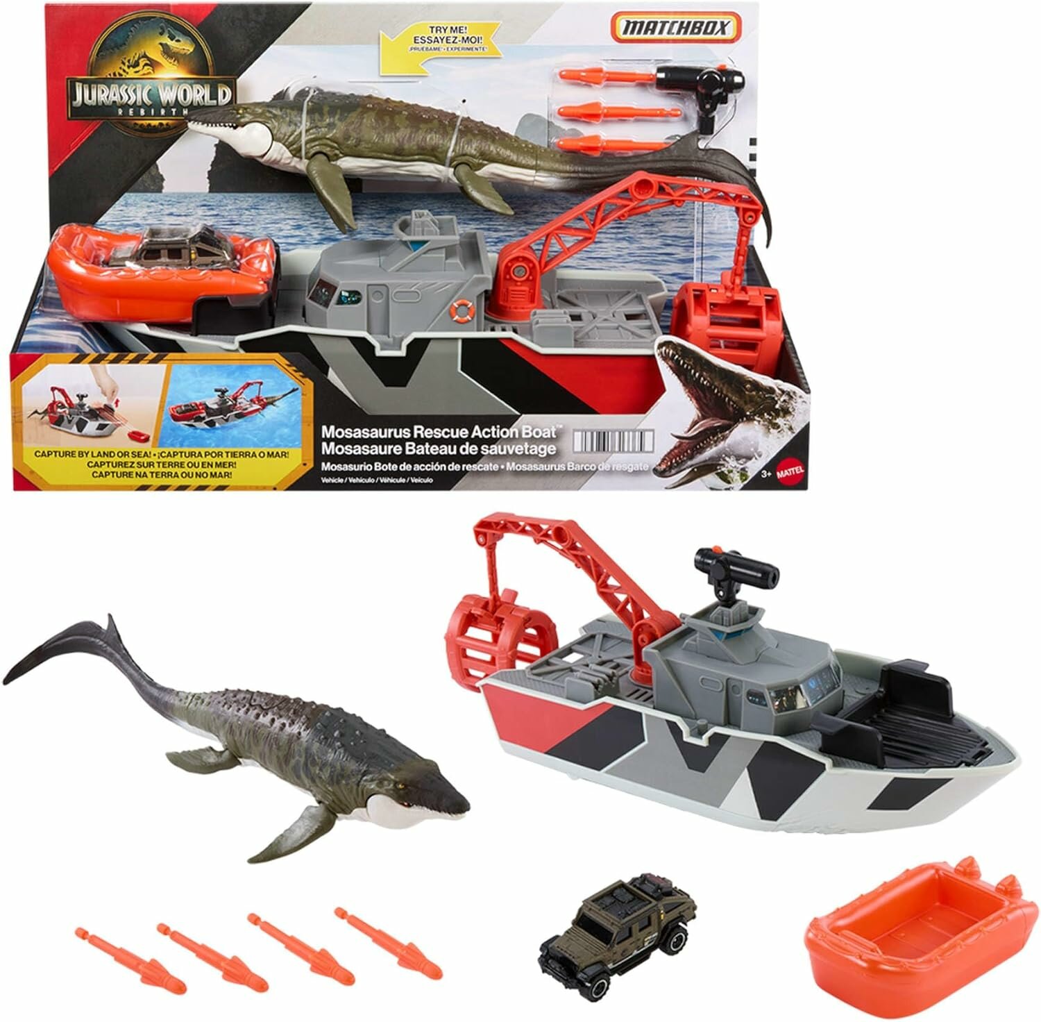 Фигурка Matchbox Jurassic World - Фигурка Мозазавр и спасательная шлюпка с аксессуарами - Мир Юрского периода JGG61
