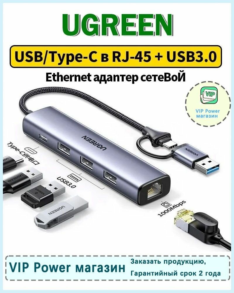 Док-станция Ugreen Typec USB Hub Lan Adapter/ Сетевая карта Typec USB / Ethernet адаптер сетевой/ RJ-45 переходник LAN Интернет 1000 Мбит/с