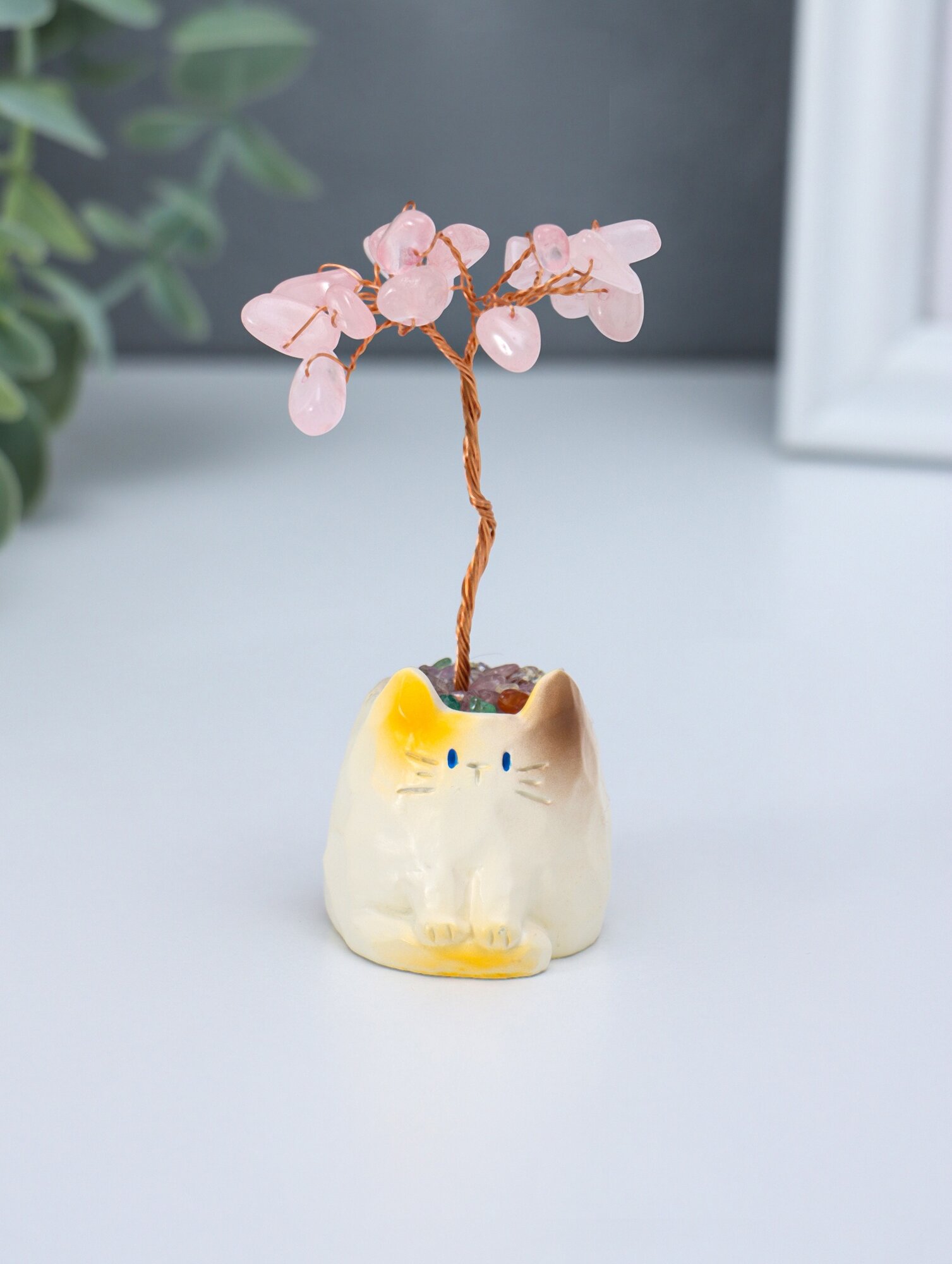 Денежное дерево декоративное «Сувенир бонсай. Котик-горшок», 12 розовых камней, 3.8×3.5×7.5 см