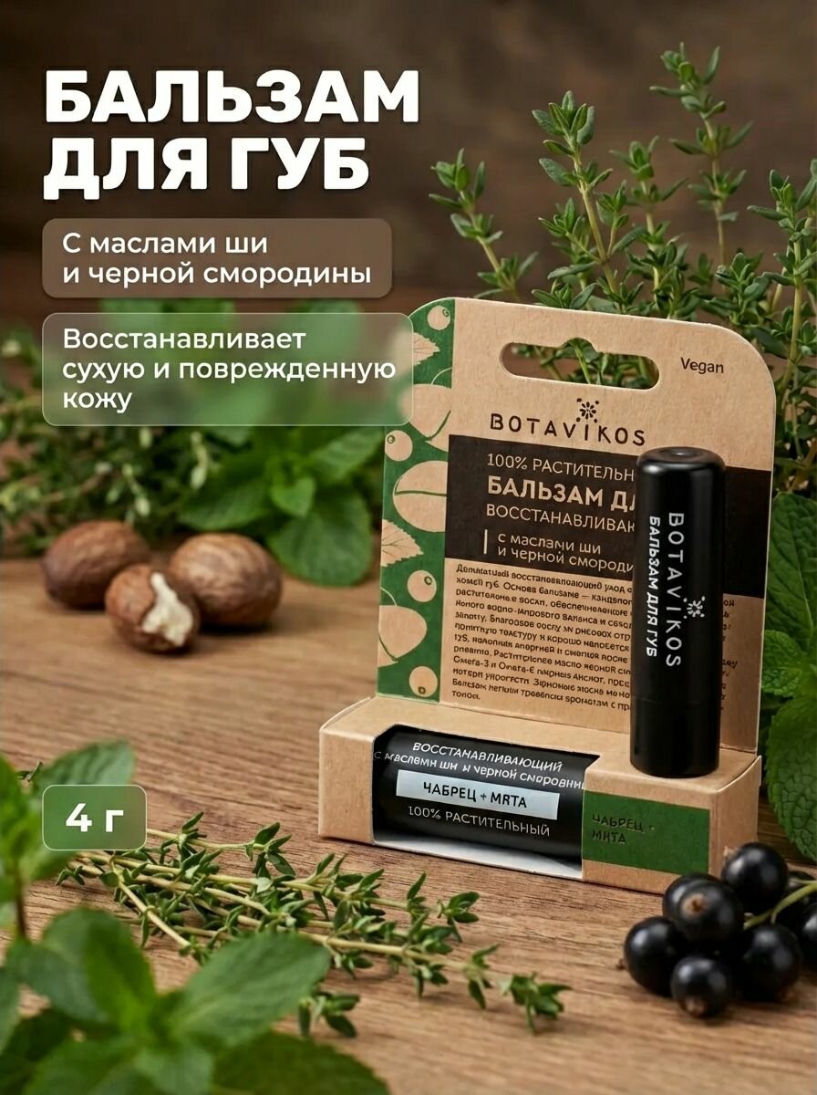 Восстанавливающий бальзам для губ с маслом ши и чёрной смородины, чабрец и мята, 4 г