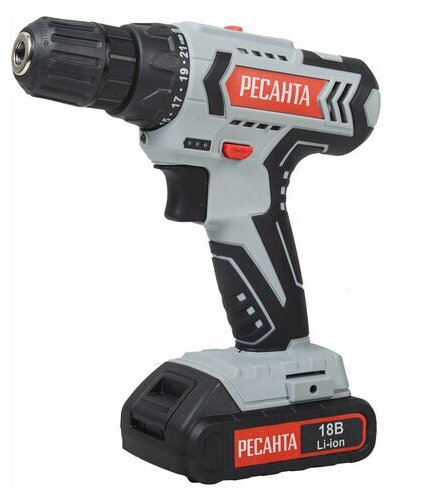 Дрель-шуруповерт аккумуляторная РЕСАНТА ДА-18-2ЛК, 18 В, 1400 об./мин, 2 аккумулятора, 2 А·ч, 75/14/5