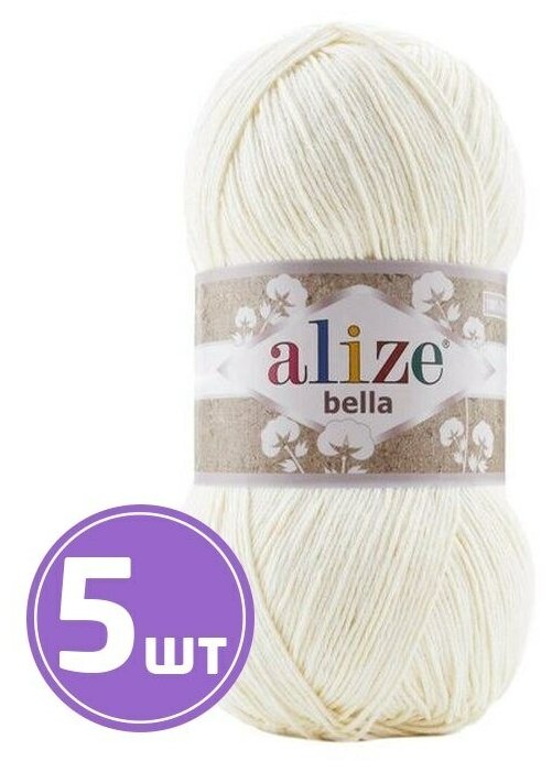 Пряжа для вязания крючком, спицами Alize Ализе Bella 100 тонкая, хлопок 100%, цвет 62 белый, 5 шт. по 100 г, 360 м