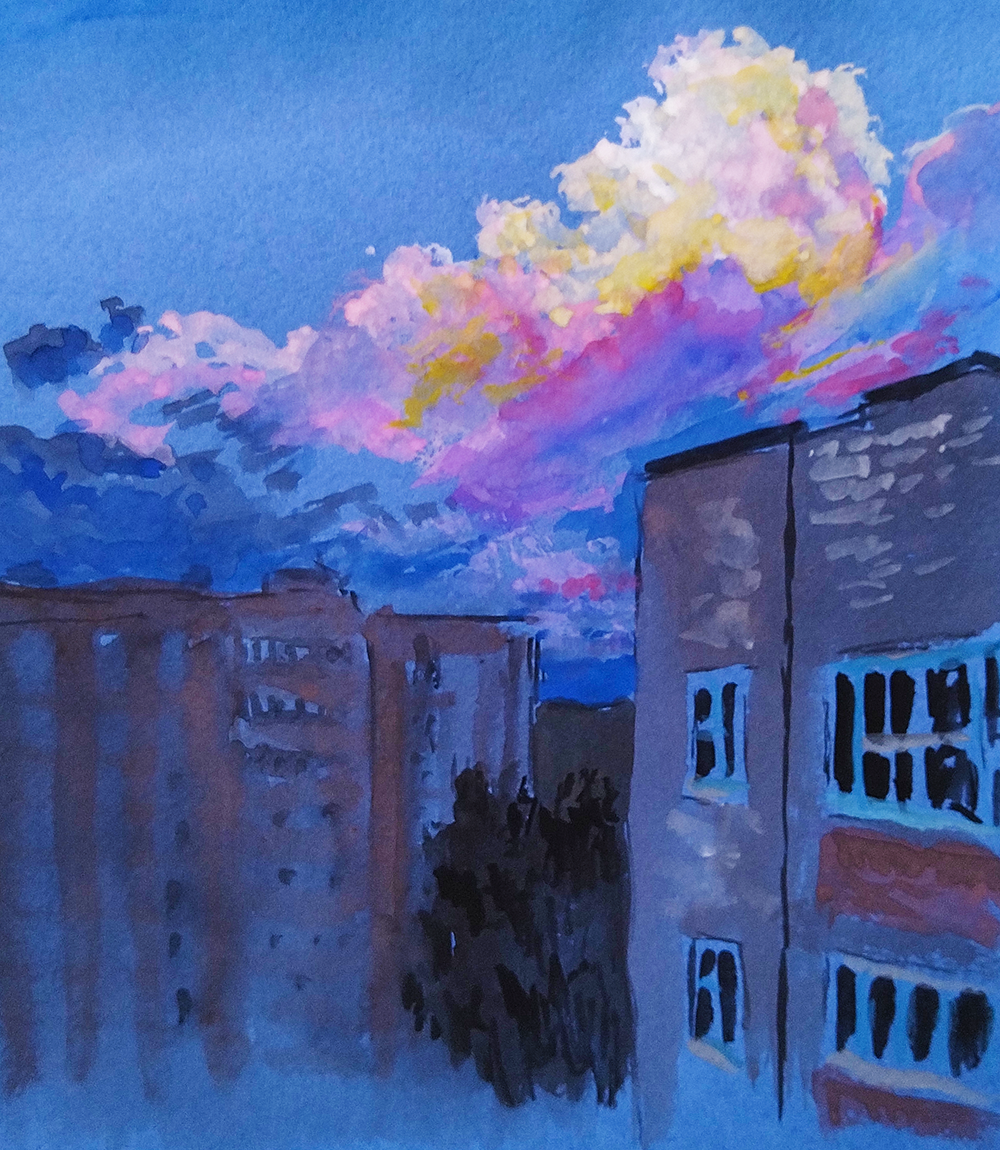 Картина гуашью "Розовые облака"