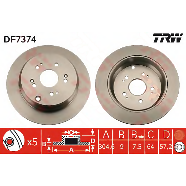 TRW DF7374 (08A35510 / 08A87110 / 0986479449) df7374 диск тормозной задний\ Honda (Хонда) cr-v 2.2ctdi 05
