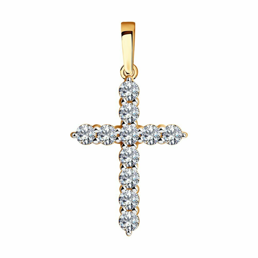 Крестик, красное золото, 585 проба, фианит