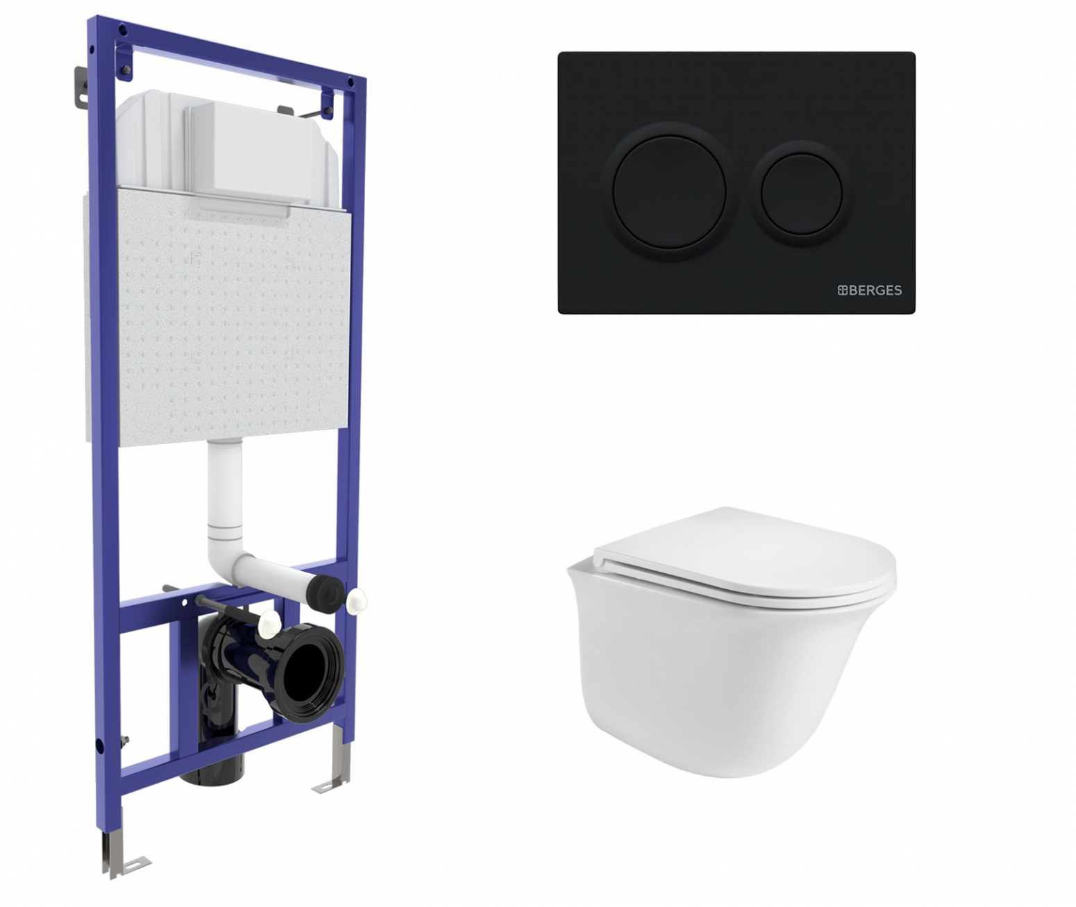 Комплект 3 в 1 инсталляция Berges Novum O5 + Подвесной унитаз WeltWasser Telbach 004 GL-WT с кнопкой черной