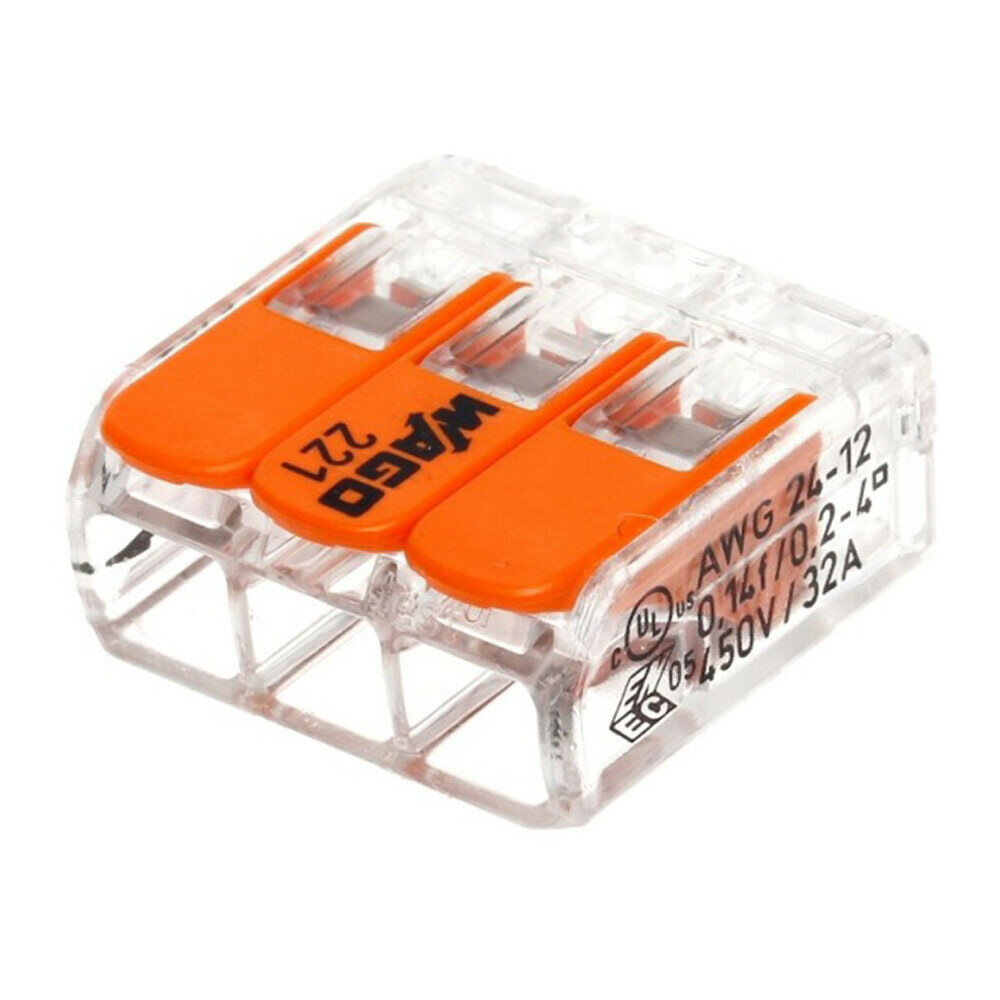 Клемма на 3 провода Wago 221-413 0,2-4 кв. мм с рычажками без пасты (50 шт.) (ЦБ-00015765/808442) Wago ЦБ-00015765/808442