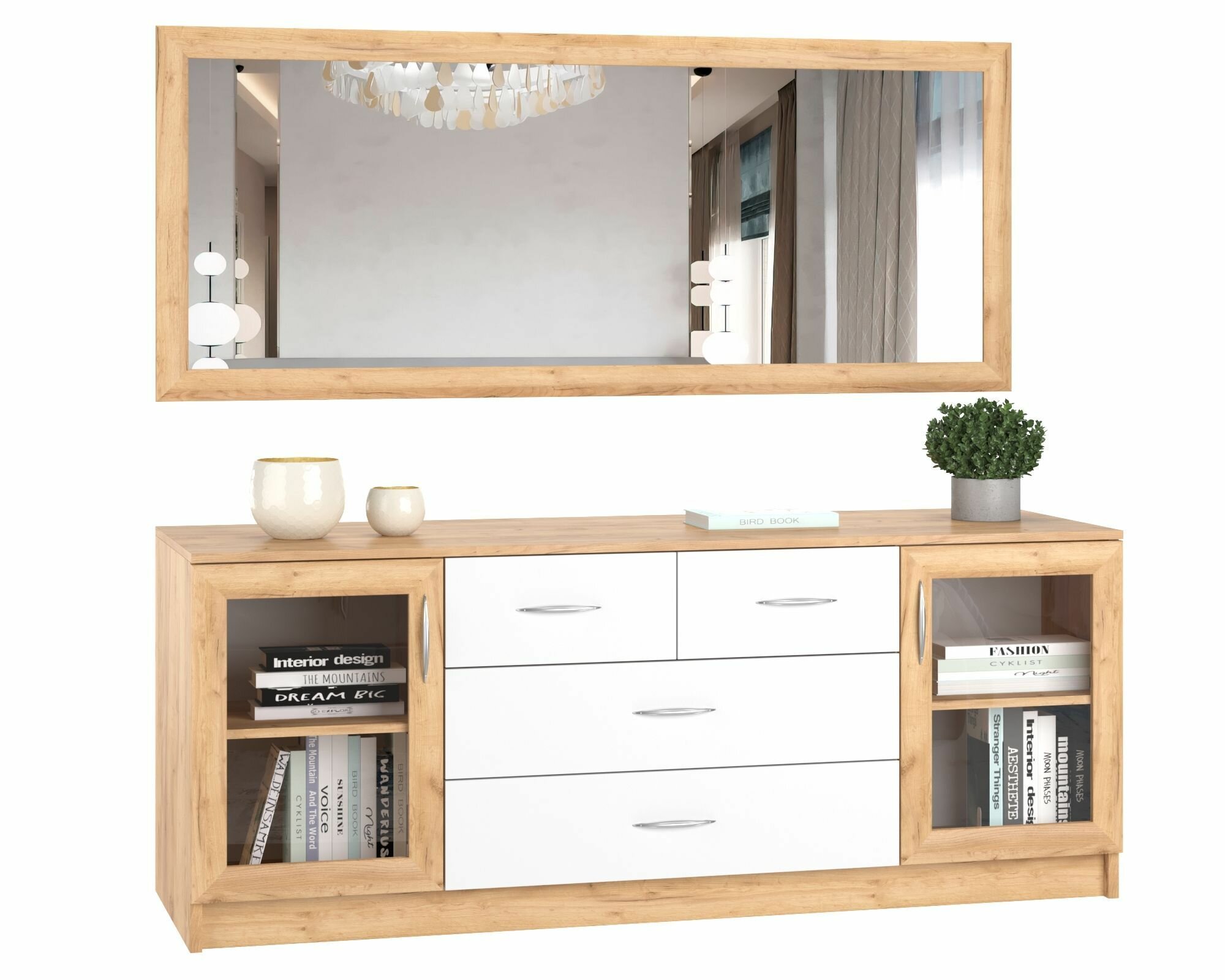 Комод "Фобос с зеркалом 4" 156х64х50, Дуб крафт золотой/Белый