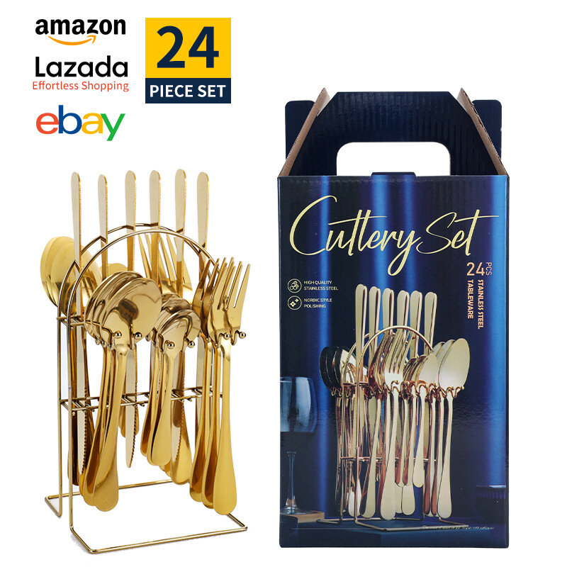 Набор столовых приборов из нержавеющей стали Amazon для трансграничной торговли, 24 предмета, столовая посуда в западном стиле с ножами, вилками, ложками и подвесной подставкой, подарочный набор оптом.