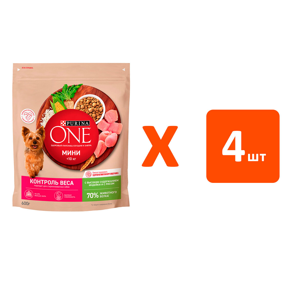 Корм сухой Purina One мини для взрослых собак мелких пород, склонных к избыточному весу или стерил, индейка рис, 0,6 кг х 4 шт