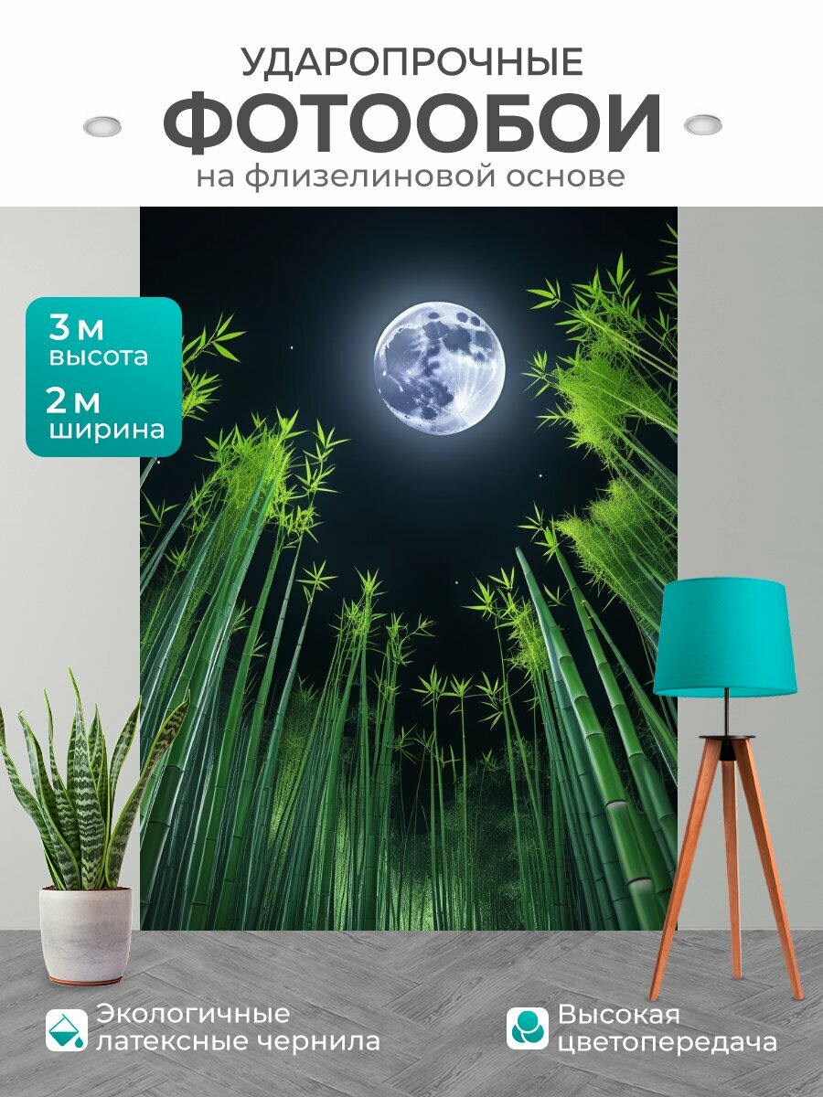 Фотообои моющиеся ударопрочные "Ночной бамбуковый лес с луной" 200x300 см. флизелиновые на стену