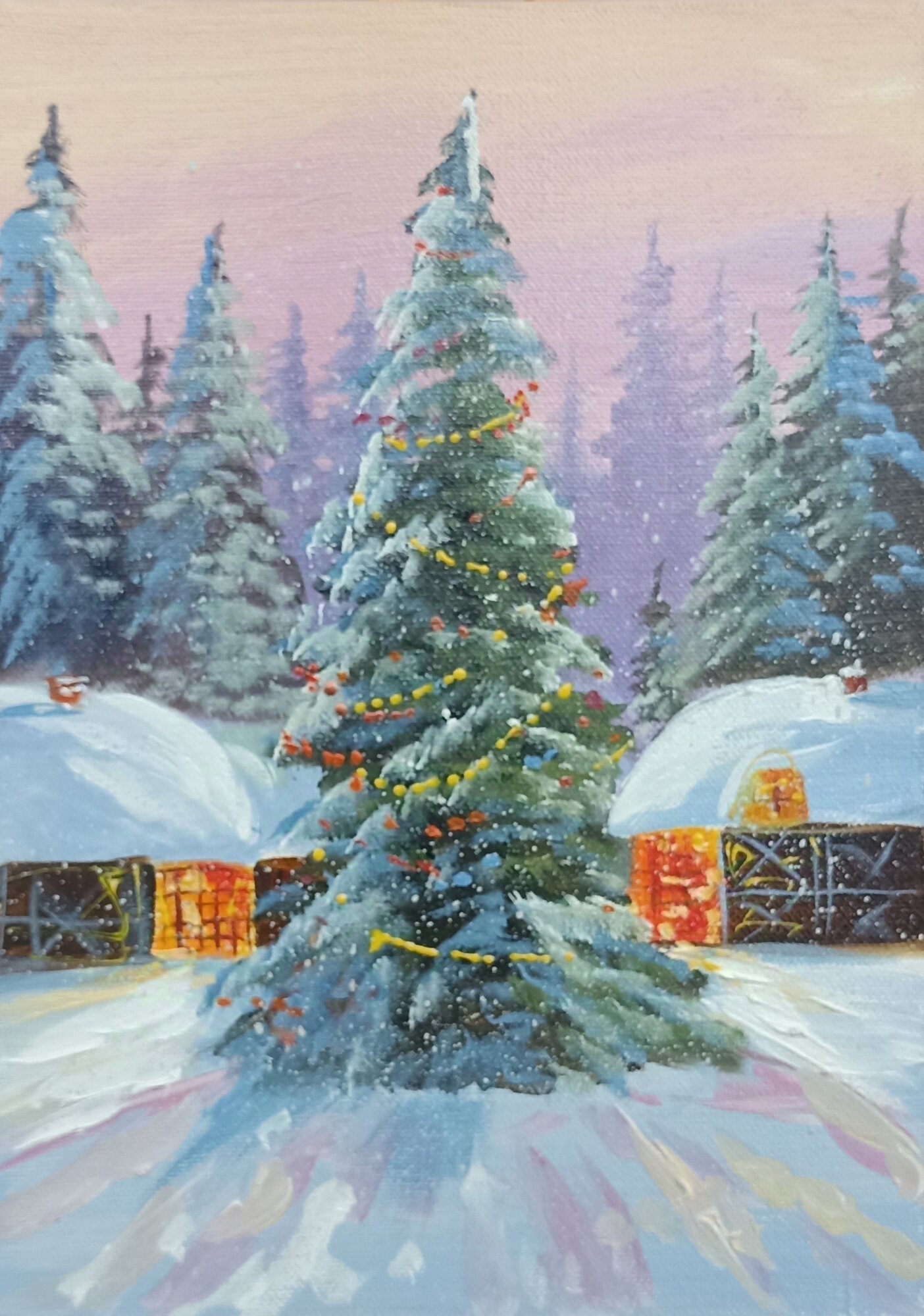 Живопись. Масло/холст. 100% ручная работа. Худ. мастерская Грëзы. Сказочный зимний пейзаж. Сказочные домики. 20х30 см.