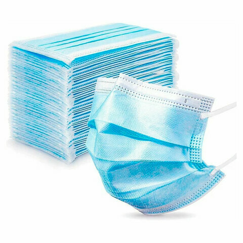 Маски одноразовые медицинские комплект 50шт 3-х сл. голубые, фильтр СМС, п/э, ш/к 48754