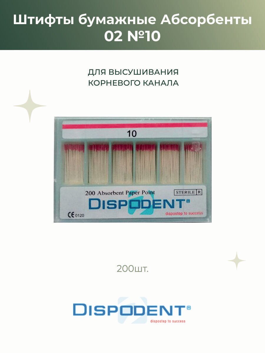 Штифты эндоканальные абсорбирующиеся бумажные Dispodent 02 №10, 200шт
