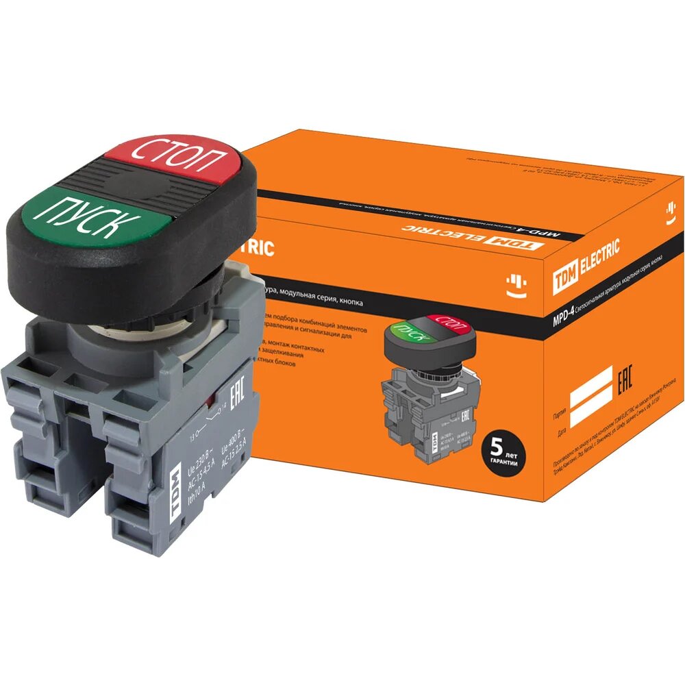 TDM ELECTRIC Кнопка двойная mpd4-11в (зеленая/красная) в сборе d22мм (пуск/стоп) SQ0747-0045